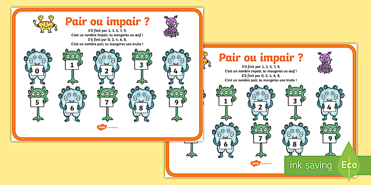 Poster d'affichage : Les nombres pairs et impairs