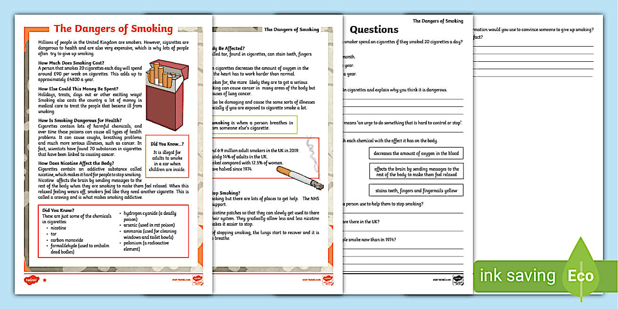 Editable The Dangers of Smoking Differentiated Reading Comprehension ...