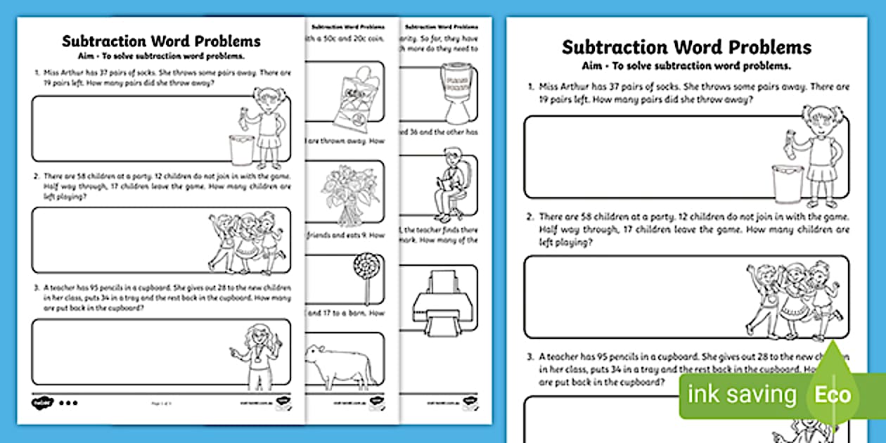 Subtraction Year 2 Word Problem Worksheets (teacher made)