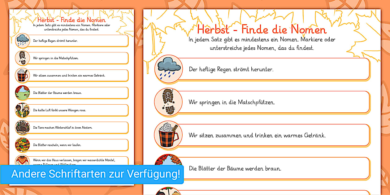 Herbst - Finde die Nomen - Arbeitsblatt (teacher made)