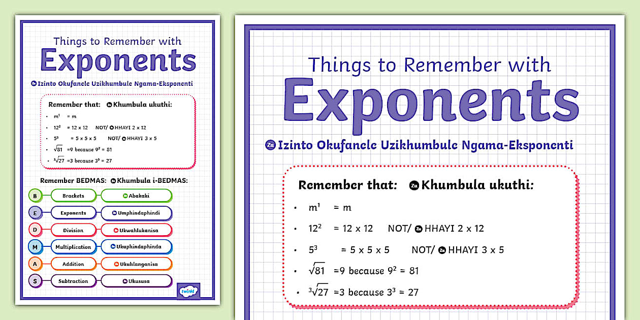 Grade 7 Things to Remember with Exponents Poster - Zu/Eng