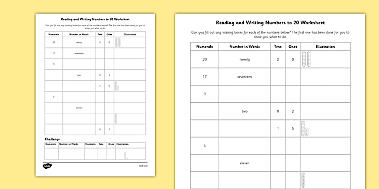 Reading and Writing Numbers to 20 Worksheet (teacher made)