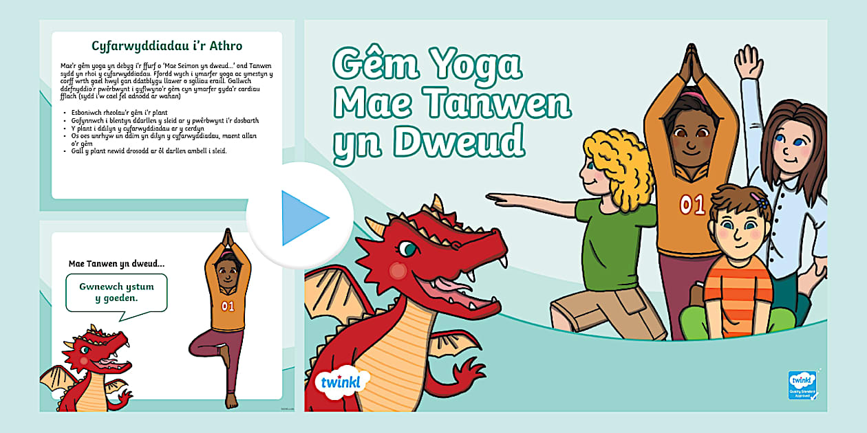 Pwêrbwynt Gêm Yoga Mae Tanwen yn Dweud…' (teacher made)