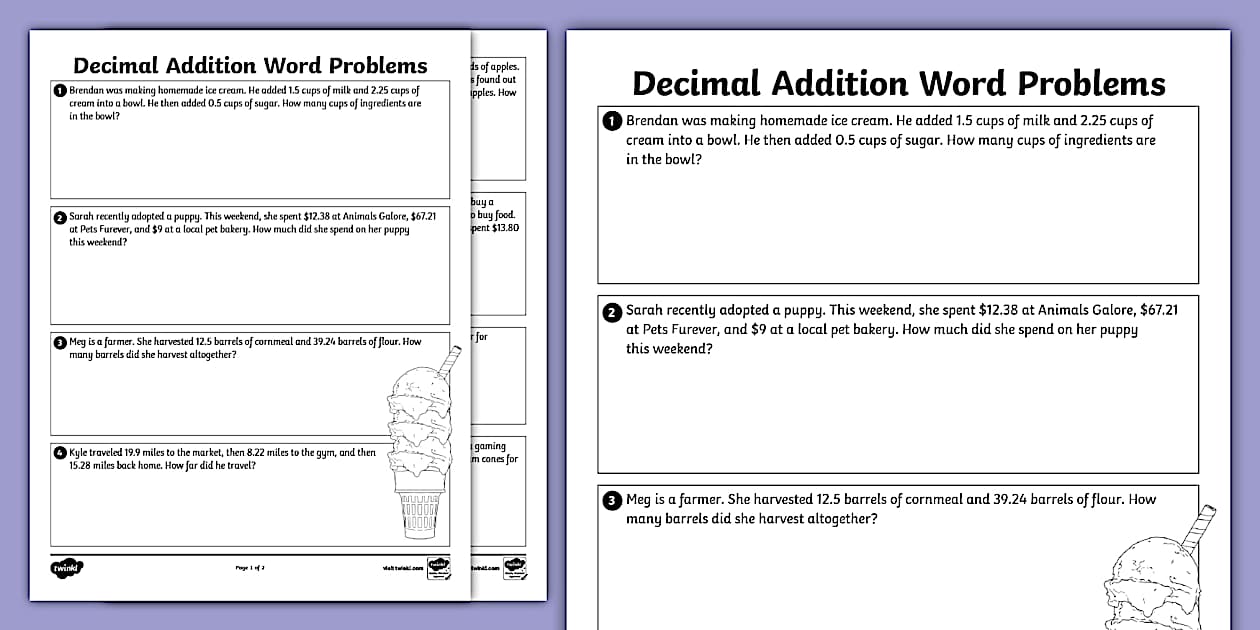 Sixth Grade Decimal Addition Word Problems (teacher made)
