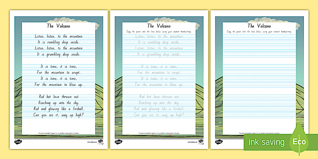 Cursive The Volcano by Rainbow Poetry Handwriting Activity