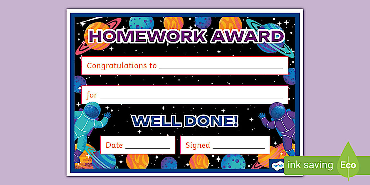 Space-Themed Homework Award Certificate (teacher made)