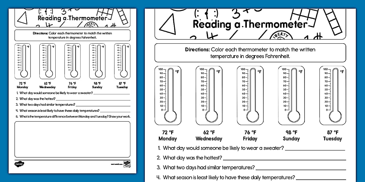 Second Grade Reading a Thermometer Activity Worksheet
