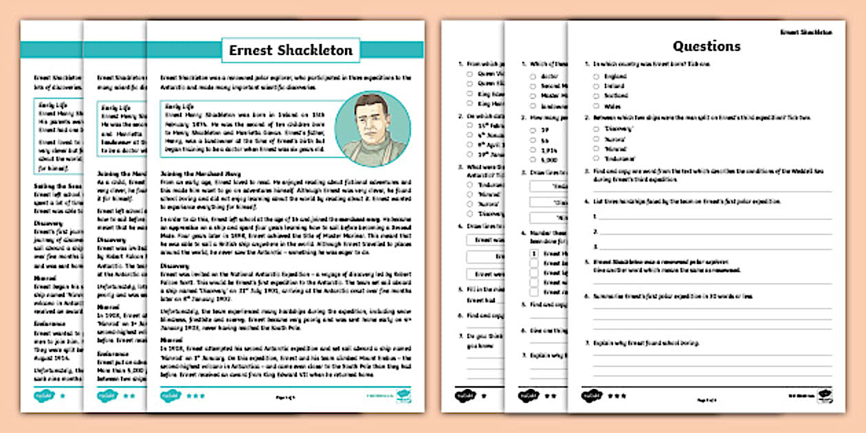 Editable LKS2 Ernest Shackleton Differentiated Reading Comprehension ...