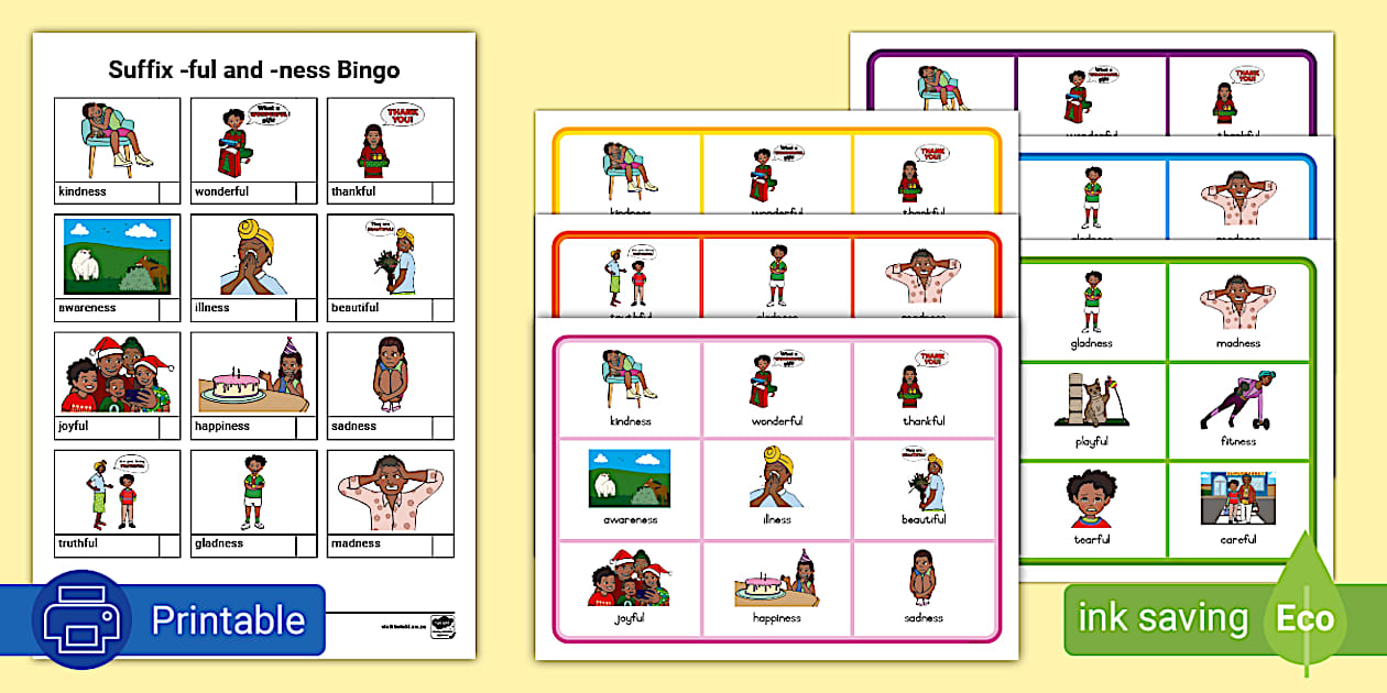 Suffix -ful and -ness Bingo Game (teacher made) - Twinkl