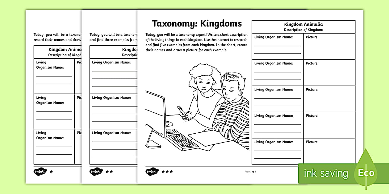 Taxonomy Kingdoms Research Differentiated Worksheet for 3rd-5th Grade