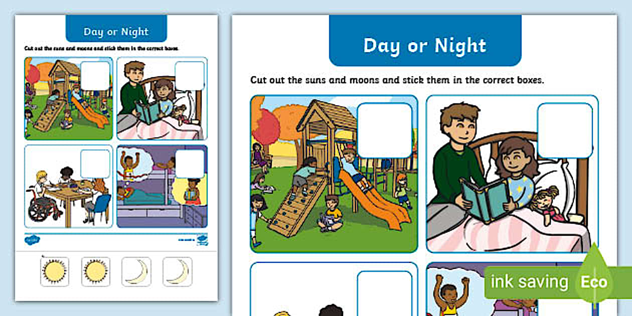 Day or Night Cut and Paste Worksheet (teacher made) - Twinkl