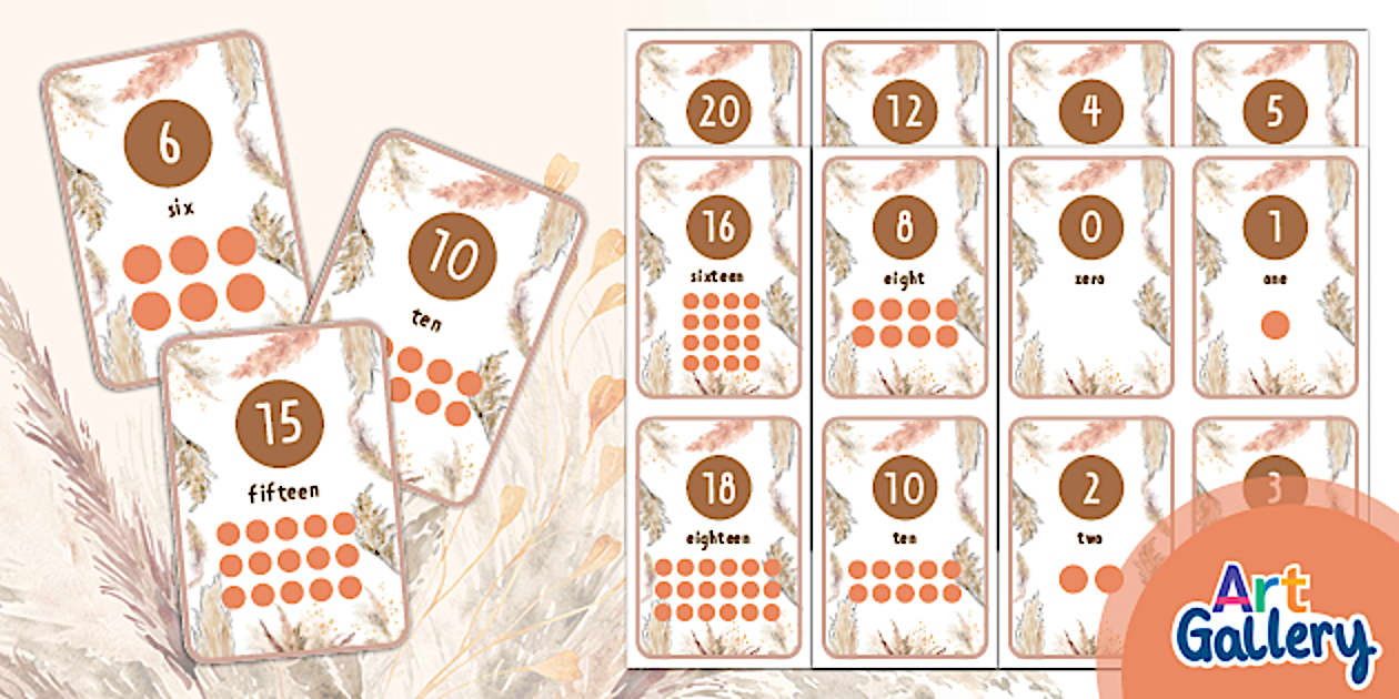 Boho Neutral 0-20 Numbers and Words Flashcards - Twinkl