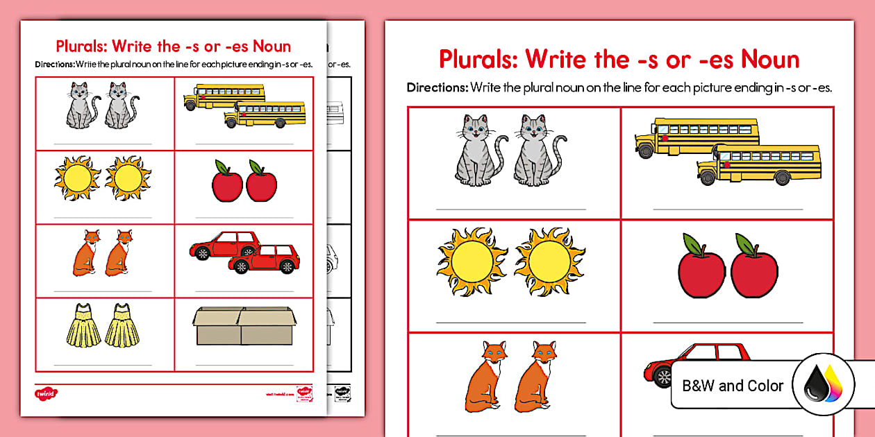 Kindergarten Plurals: Write the -s or -es Noun Worksheet
