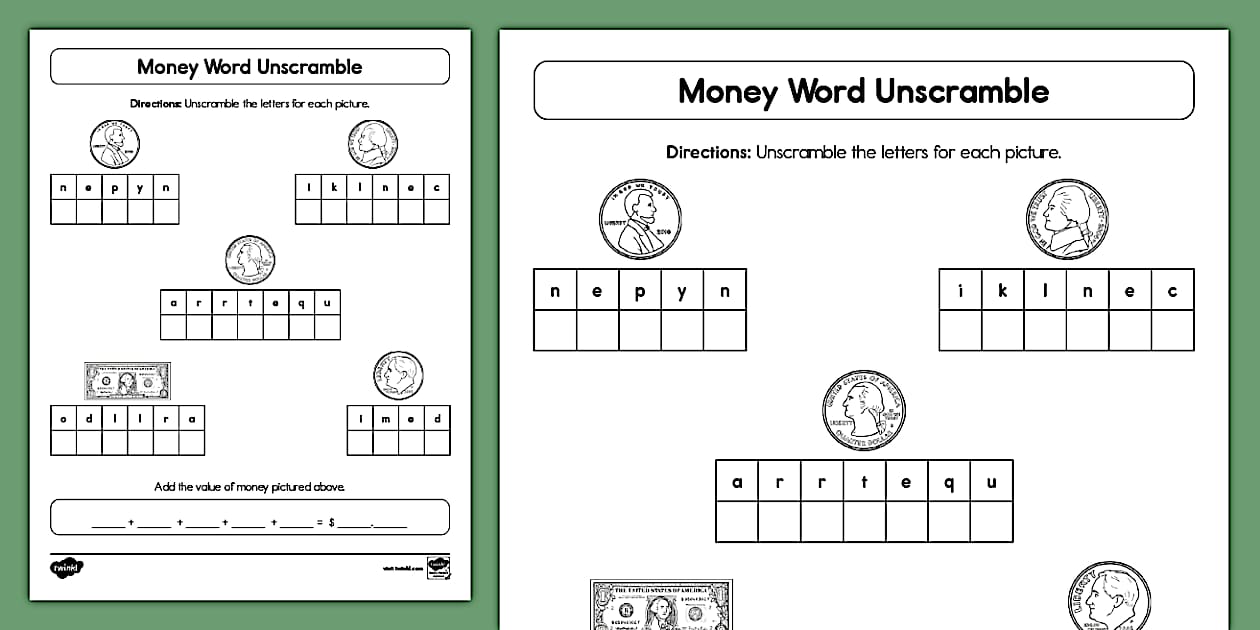 Second Grade Money Word Unscramble Worksheet (Teacher-Made)