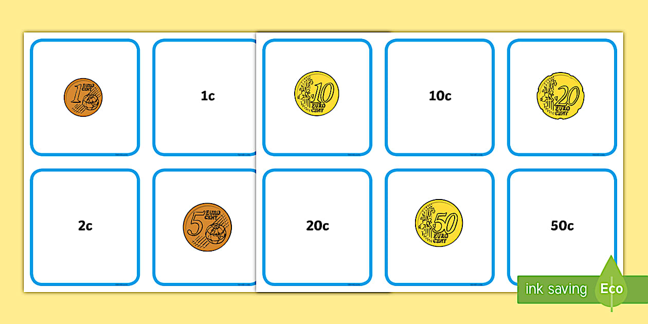 First Class Euro Coin and Amount Matching Cards - Twinkl