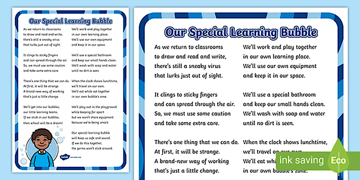 KS1 'Our Special Learning Bubble' Poem (teacher made)