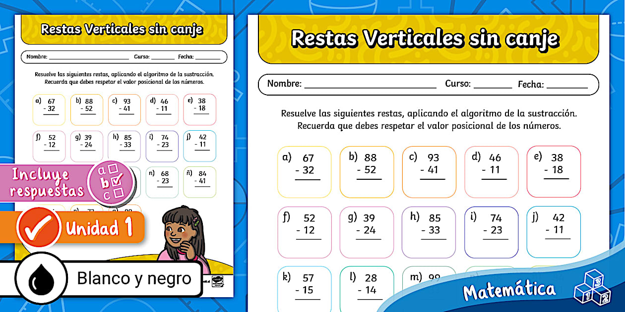 resta | 2º Básico | algoritmo | resta vertical | sin canje