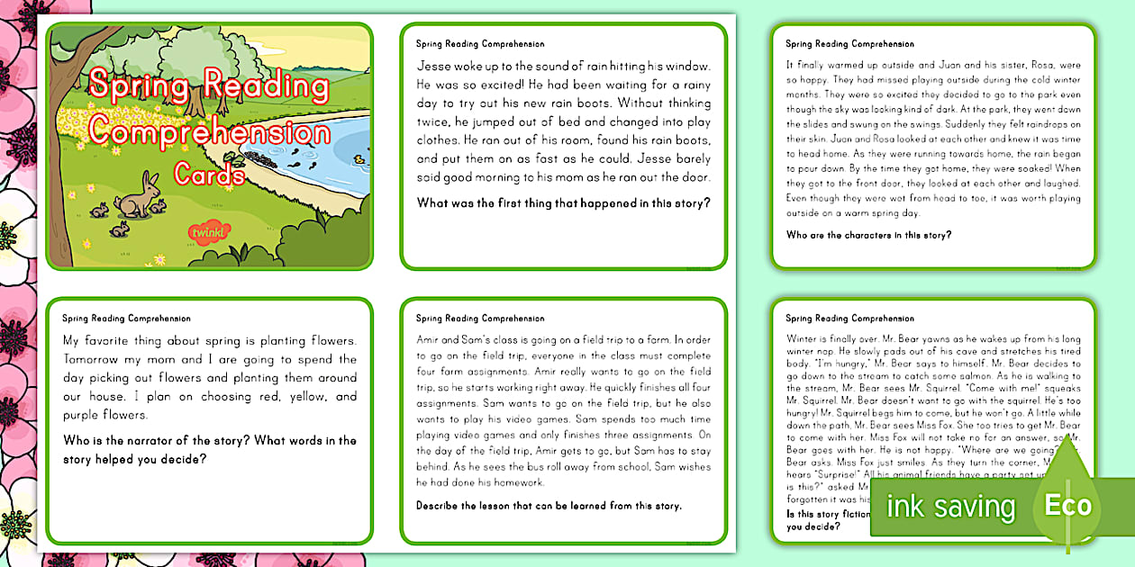 Spring Reading Comprehension Worksheet Cards | Activities