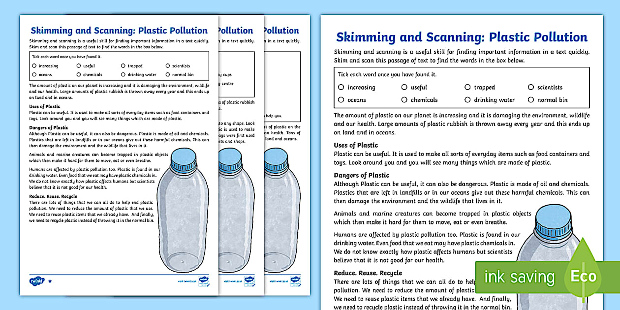 Editable Plastic Pollution Differentiated Skimming and Scanning Worksheet