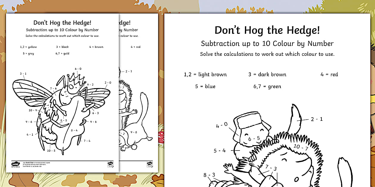 Don't Hog the Hedge! Subtraction up to 10 Colour by Number