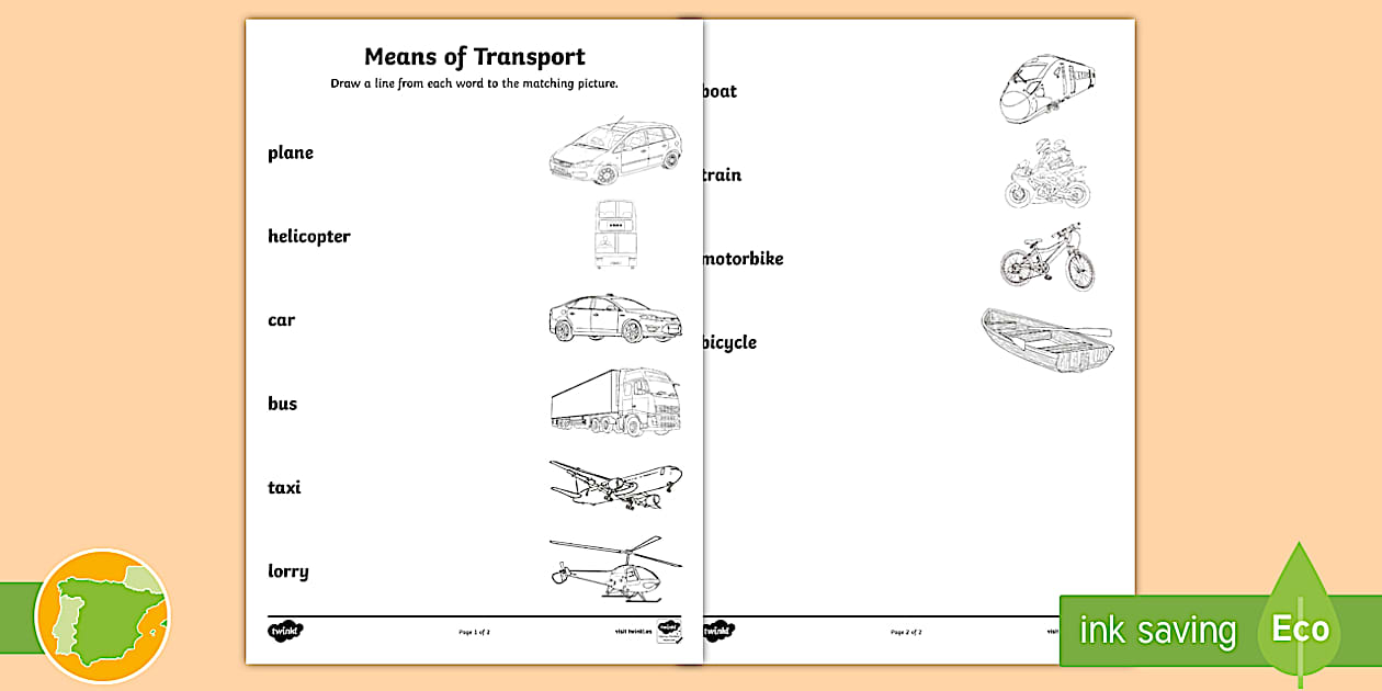 A1 Ficha de emparejar palabra con dibujo: Medios de transporte en inglés