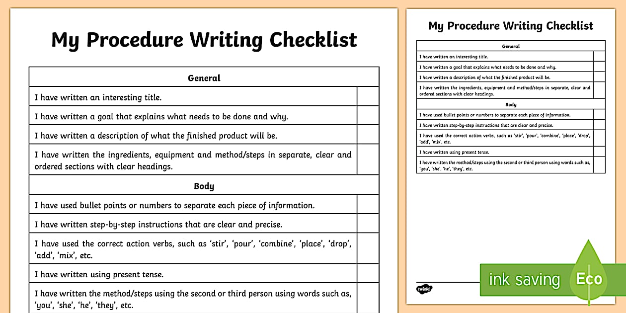 Editable Procedure Writing Student Checklist - Australia