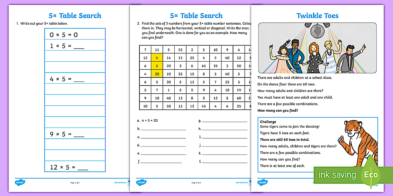 5 x Tables Search - multiplication, 5 x Tables Search
