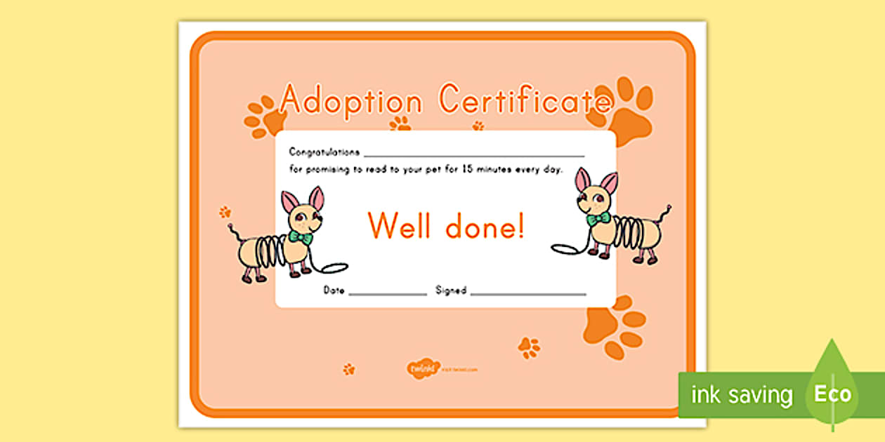 Adopt a Reading Pet Certificate - Twinkl