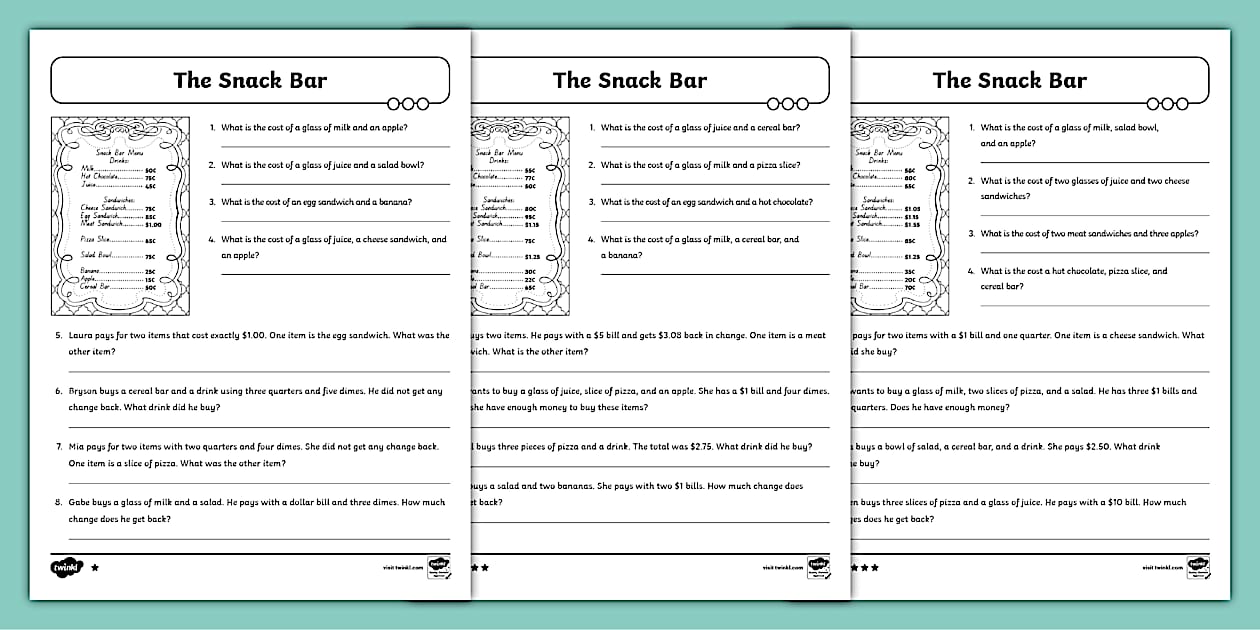 The Snack Bar Differentiated Math Worksheet for 3rd-5th Grade