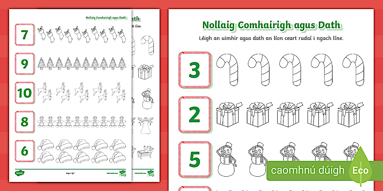 Nollaig Comhairigh agus Dath go 10 Leathanach Oibre