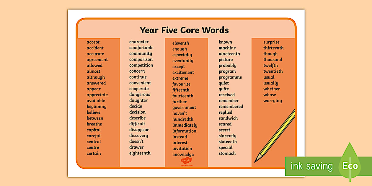 Black and White Year Five Core Words Word Mat - Twinkl
