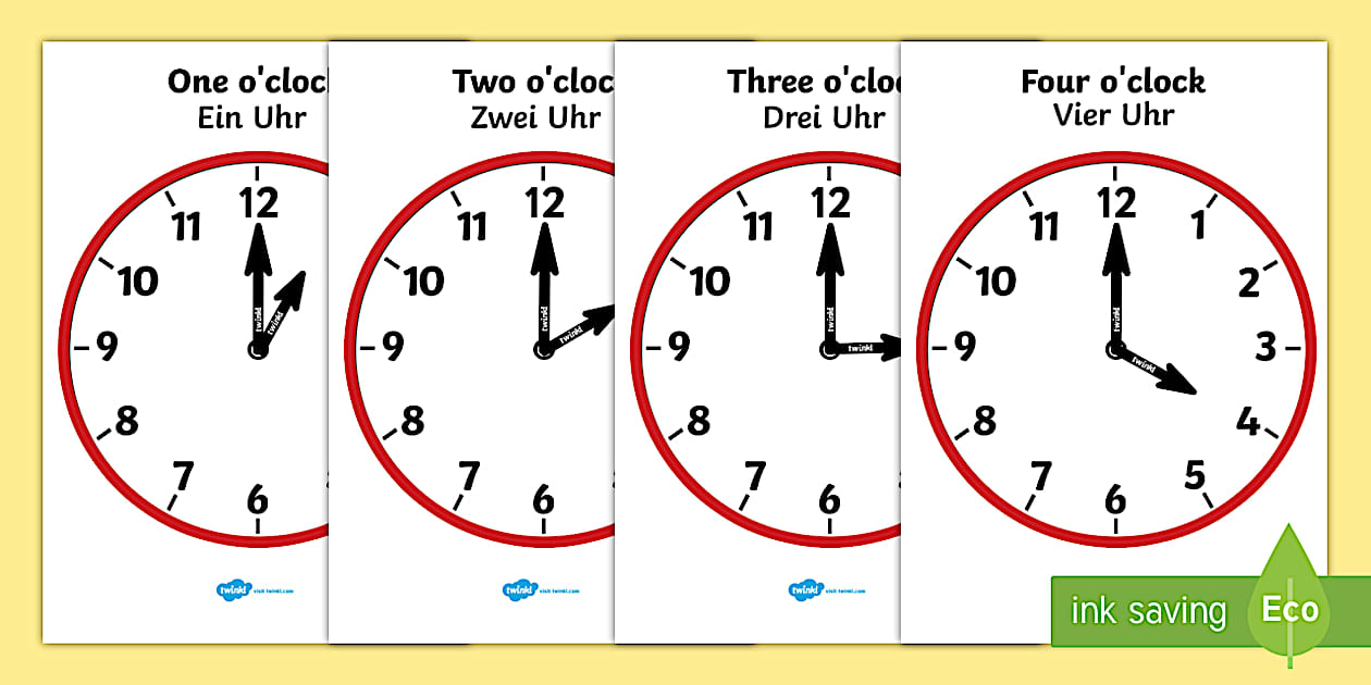 Analogue Clocks Hourly O'Clock Worksheet / Worksheet English/German