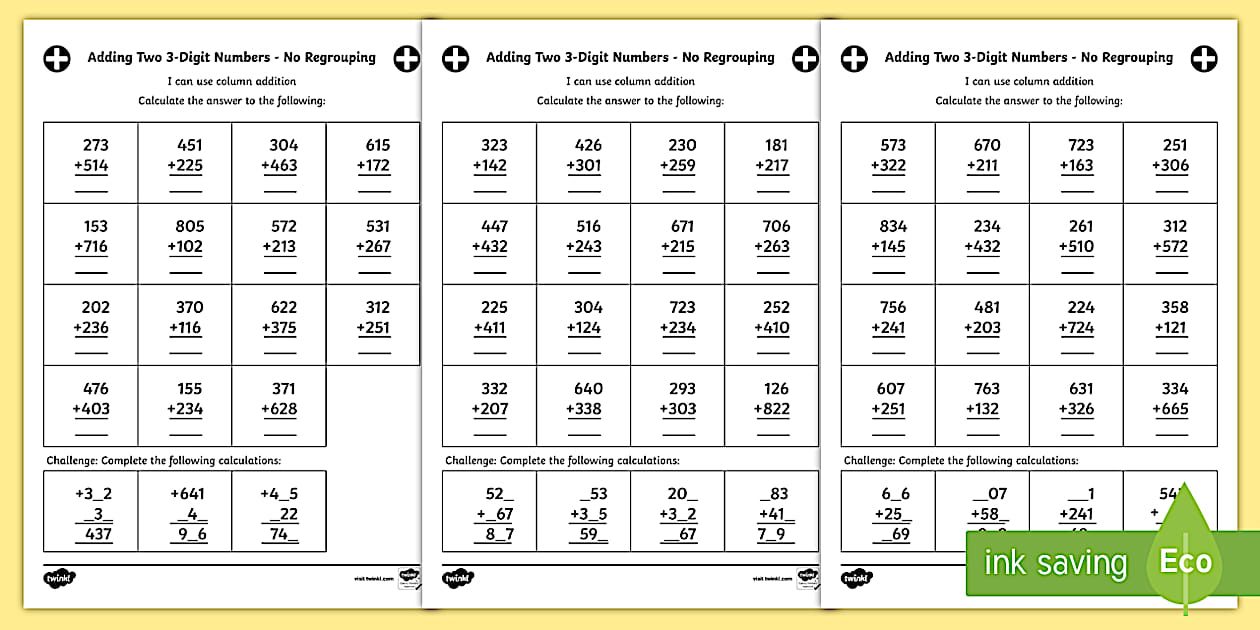 Addition 3-Digit Numbers Worksheets - Maths | Twinkl