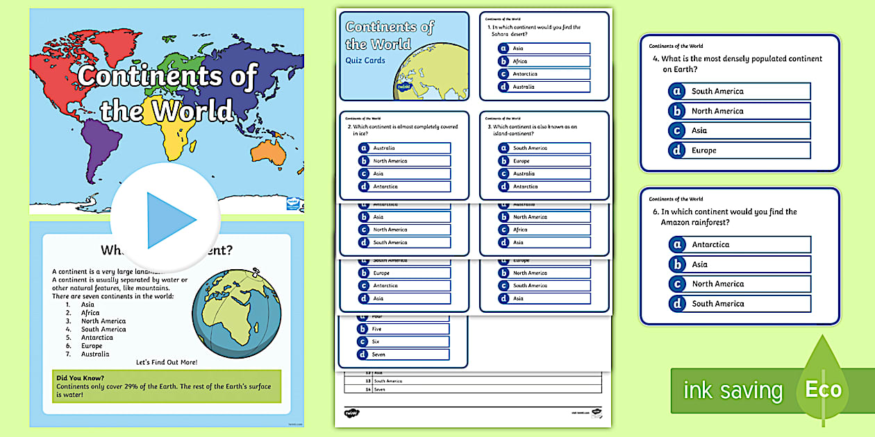 Continents of the World PowerPoint and Quiz Card Resource Pack