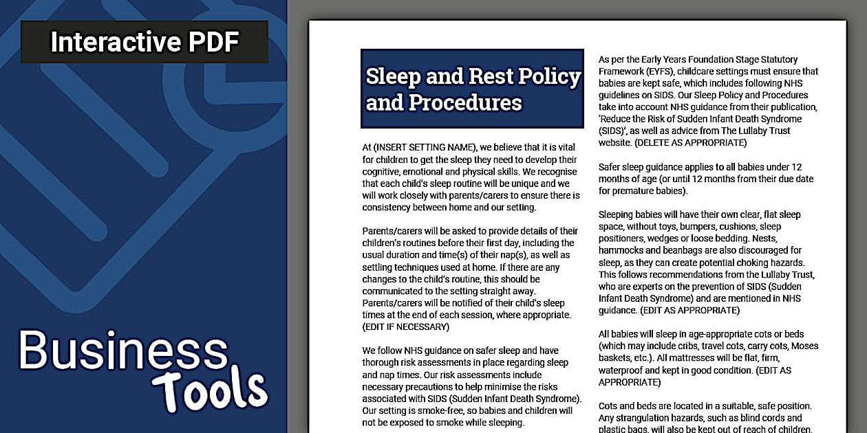 Sleep and Rest Policy and Procedure for Private Childcare Settings