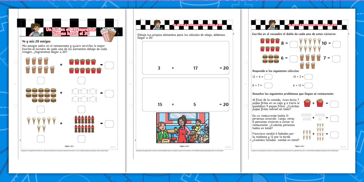 Hoja de Trabajo | Restaurante | Sumas | hasta el 20