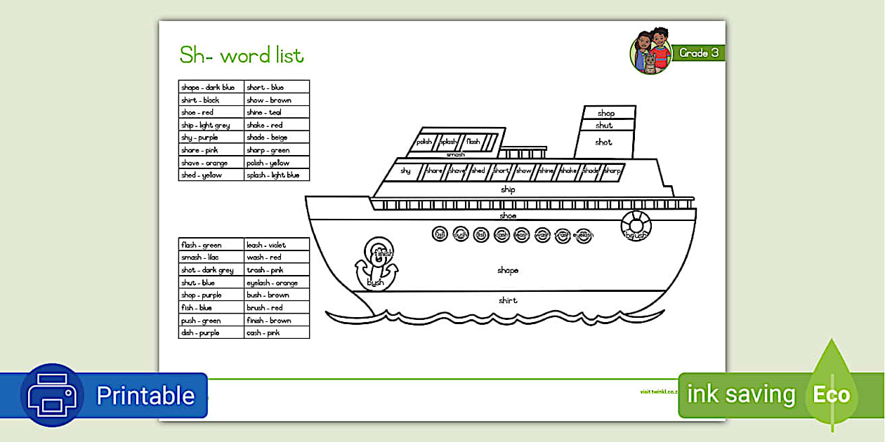 Sh Colour By Word - Grade 3 Phonics - South Africa - Twinkl