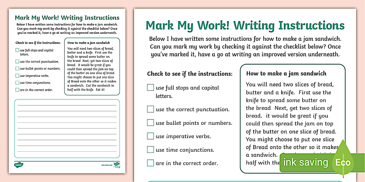Mark My Work! Writing Instructions Activity,commands