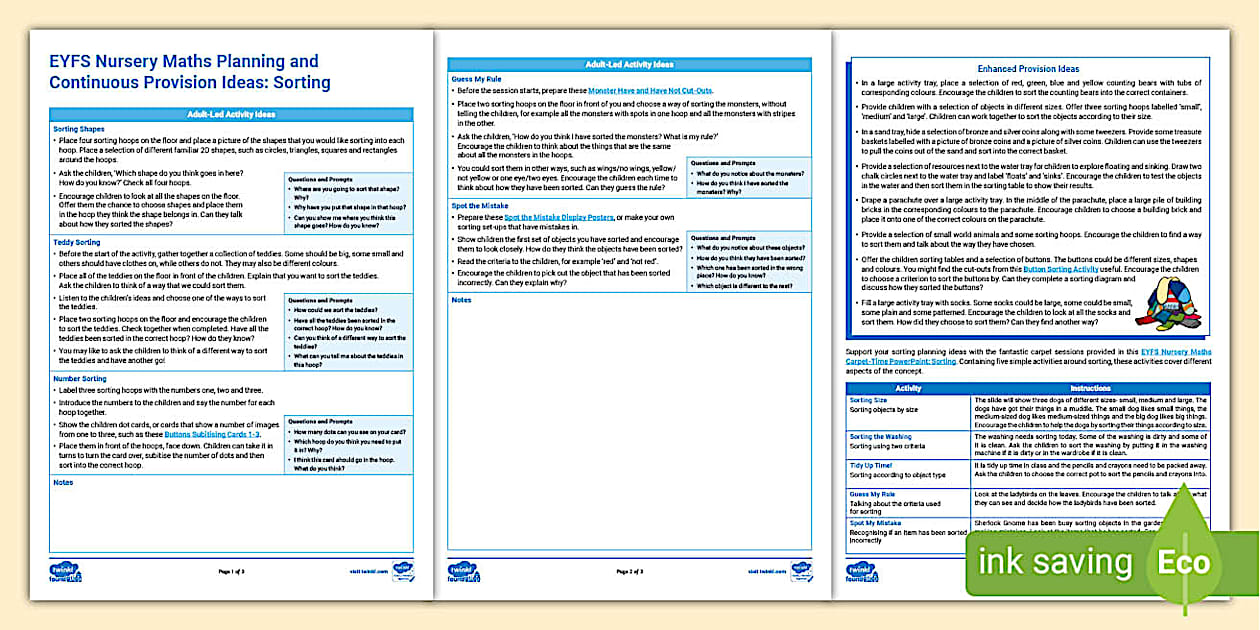 Nursery Maths Planning & Continuous Provision: Sorting