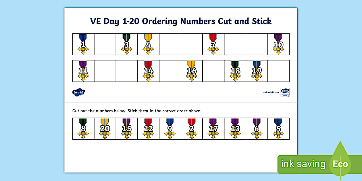 Cursive VE Day 1-20 Ordering Numbers Cut and Stick Maths Worksheet