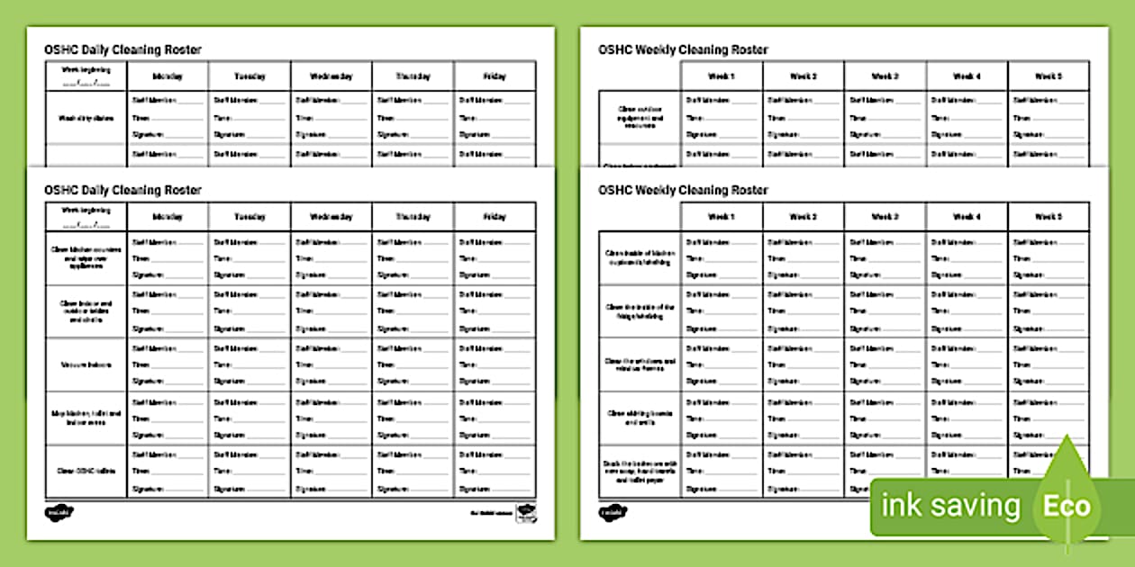 OSHC Editable Daily and Weekly Cleaning Checklist - Twinkl