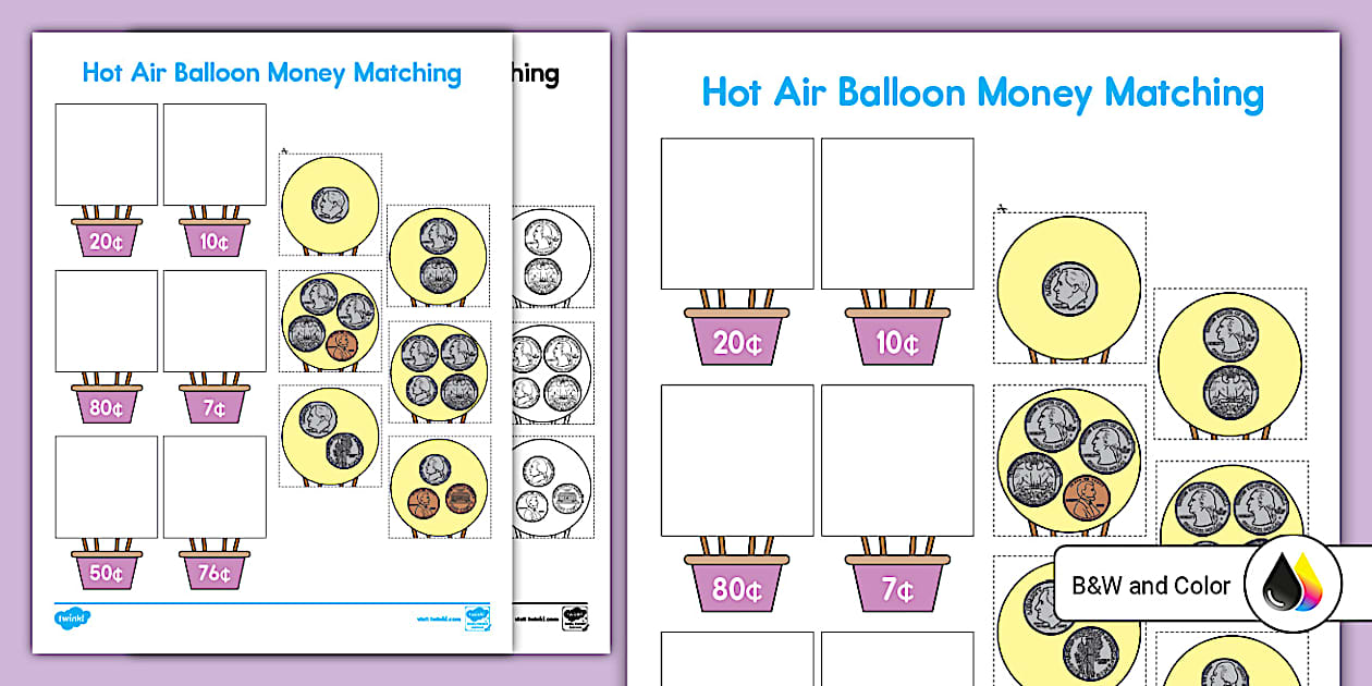 2nd Grade Money Matching Hot Air Balloon Cut and Paste Activ