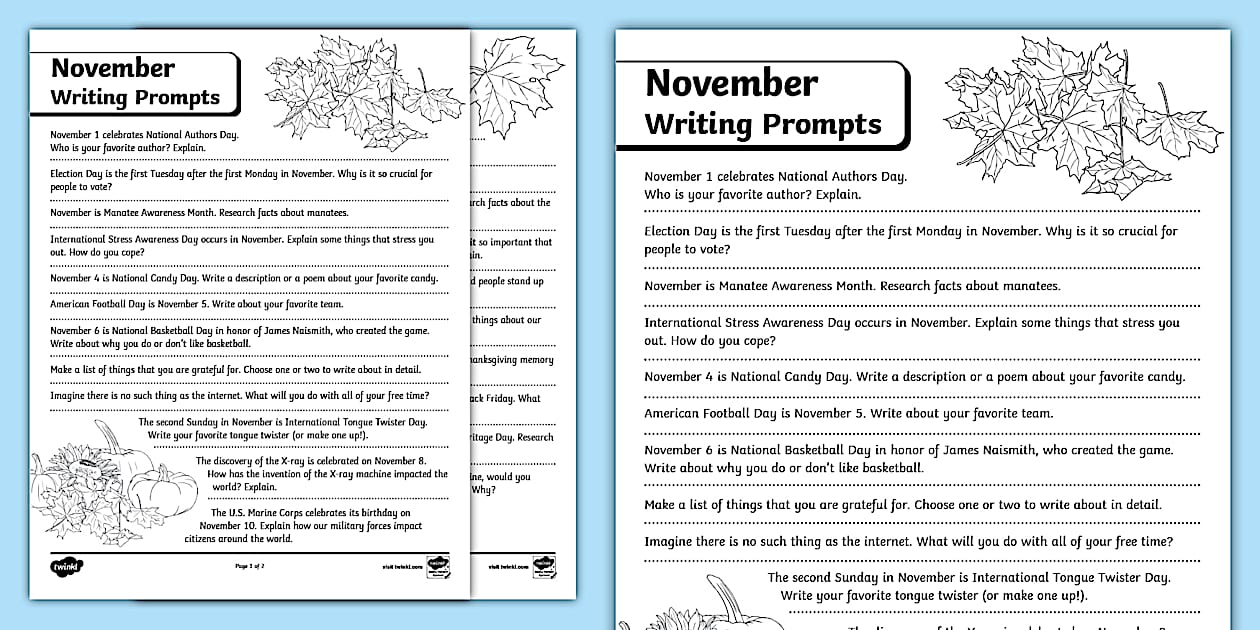 Eighth Grade Journal by the Month - November Writing Prompts