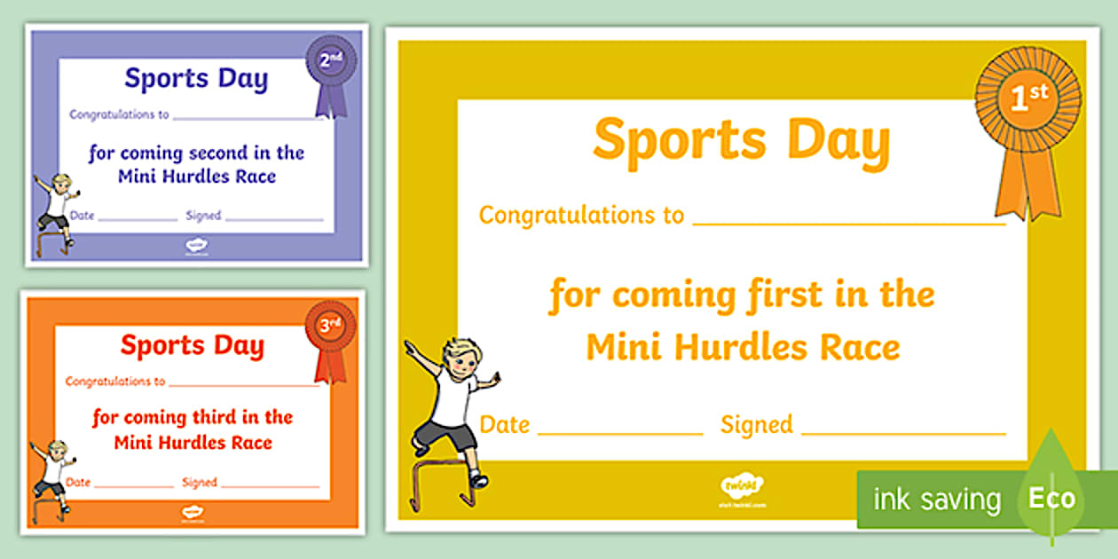 Editable Sports Day Mini Hurdles Race Certificates - Twinkl