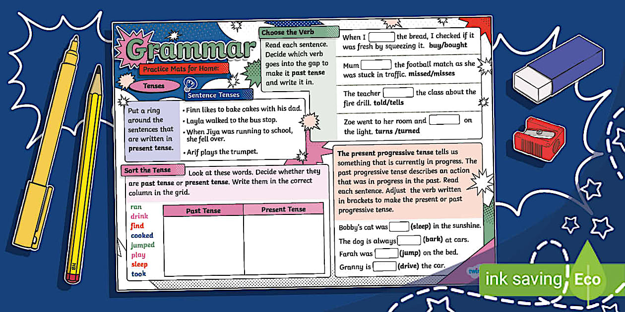 Tenses Practice Mats - Grammar at Home (Ages 5 - 7) - Twinkl