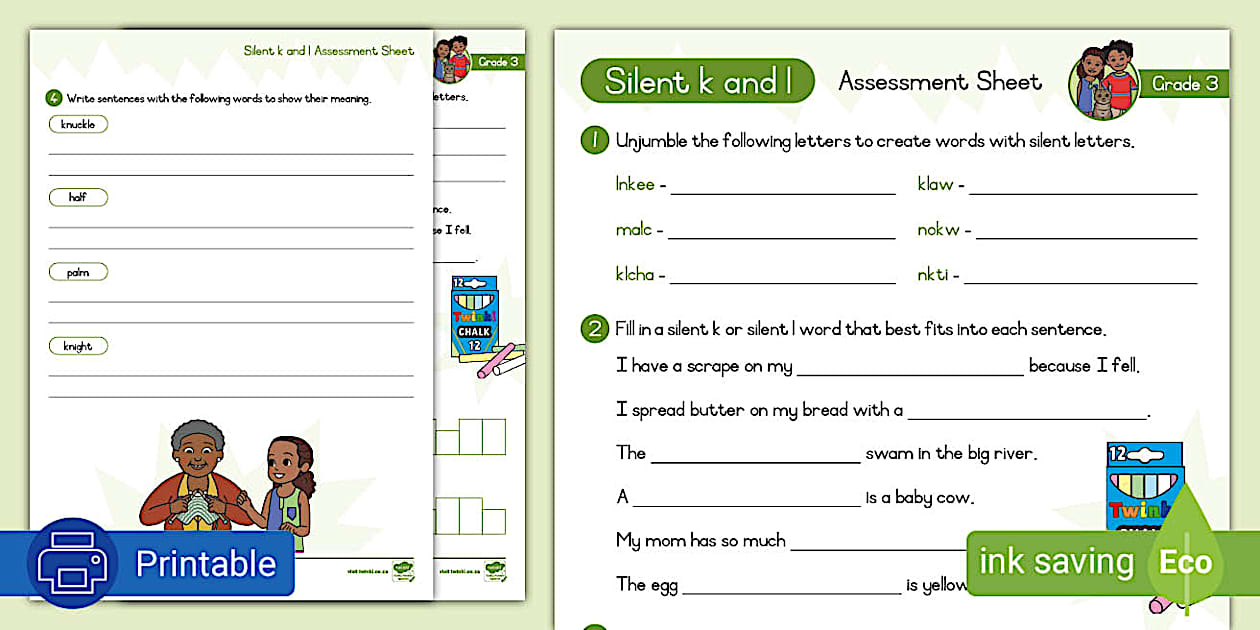 Grade 3 Phonics: Silent k and l: Assessment Sheet