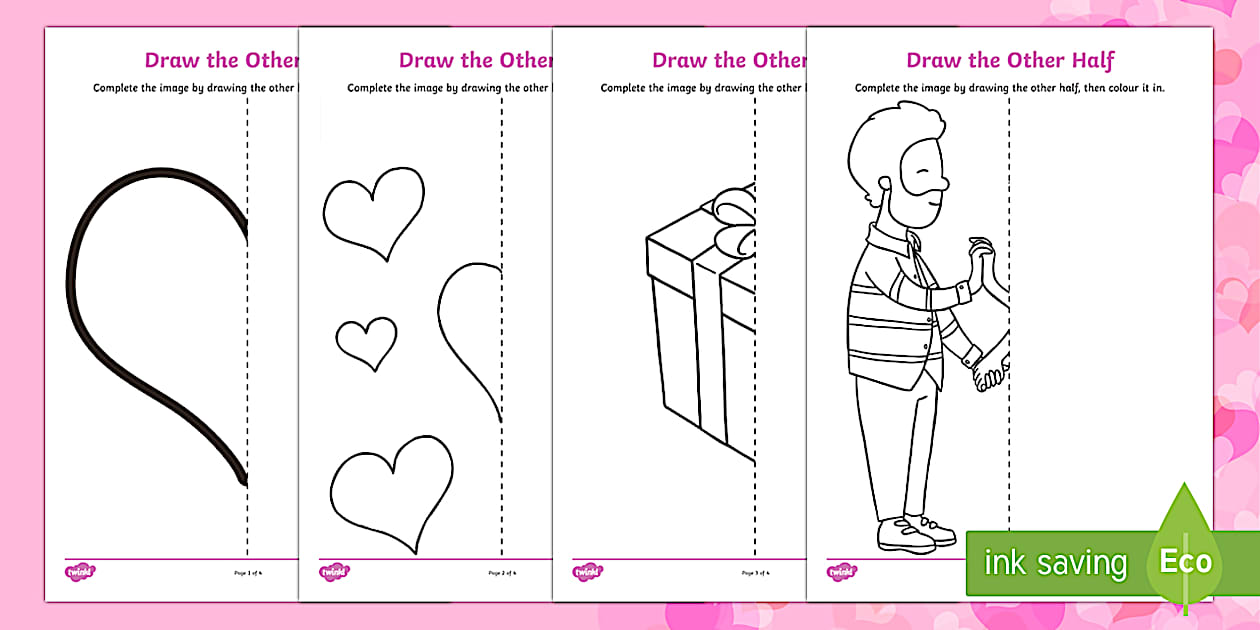 Black and White Valentine's Day Draw the Other Half Worksheet