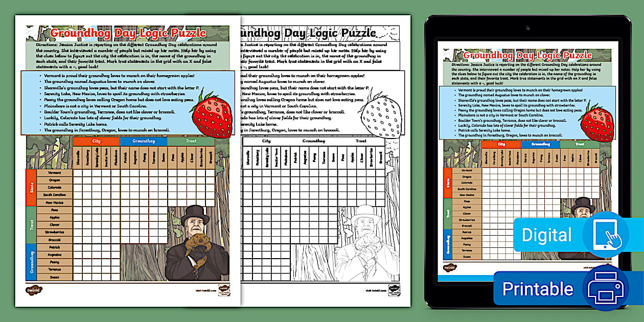 Groundhog Day Logic Puzzle for 6th-8th Grade (teacher made)