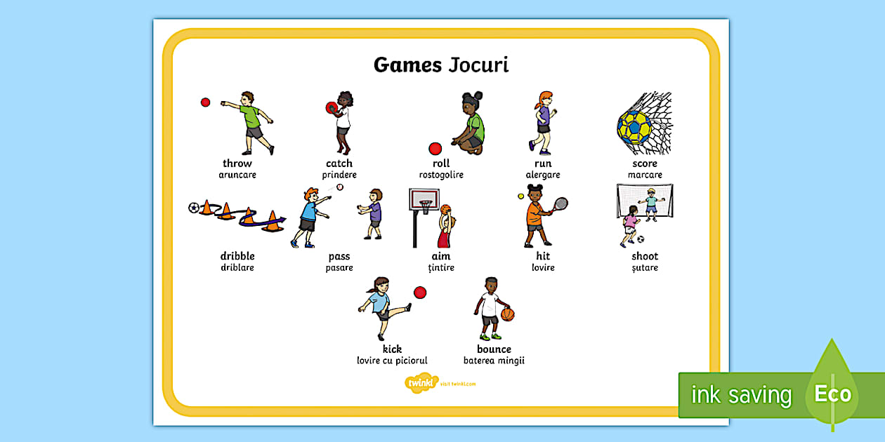 Black and White PE Games Word Mat English/Romanian - Twinkl