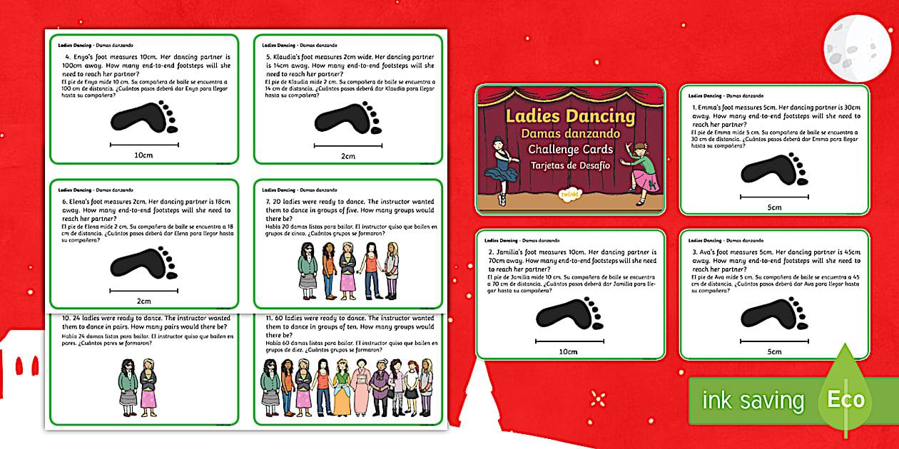 Nine Ladies Dancing Math Challenge Cards English/Spanish